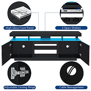 HOMMPA LED TV Stand with Power Outlets for 70/65/60/55 inch TV Modern Entertainment Center with Storage, Gaming TV Consoles with LED Lights Game Cabinet for Living Room Grey& Black