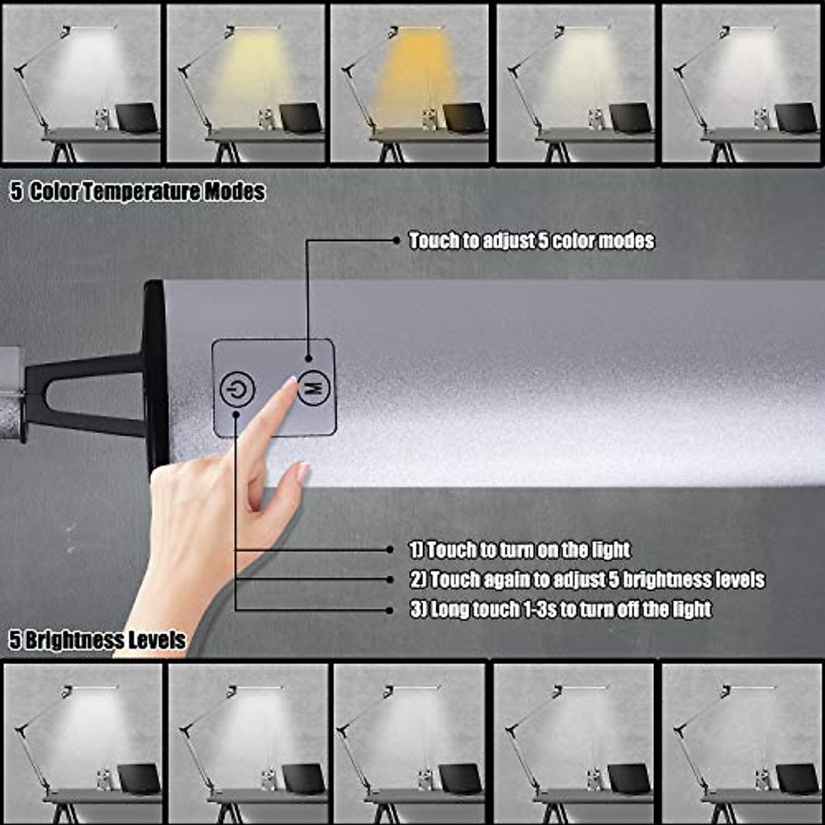 Amzrozky Workbench Light,Drafting Table Lamp for Artist,Architect LED Desk Lamp, Task Lamp with Clamp,Eye-Care Dimmable Office Light with 5 Color 5 Brightness,Touch Control,Memory Function,Silver