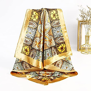 AWAYTR 35” Large Square Satin Head Scarf - 3Pcs Satin Hair Scarves Silk Bandana Scarf Beach Headscarf Silk Feeling Scarf for Women Hair Wrap Neck Scarf Cashew(Camel/Black/Beige)