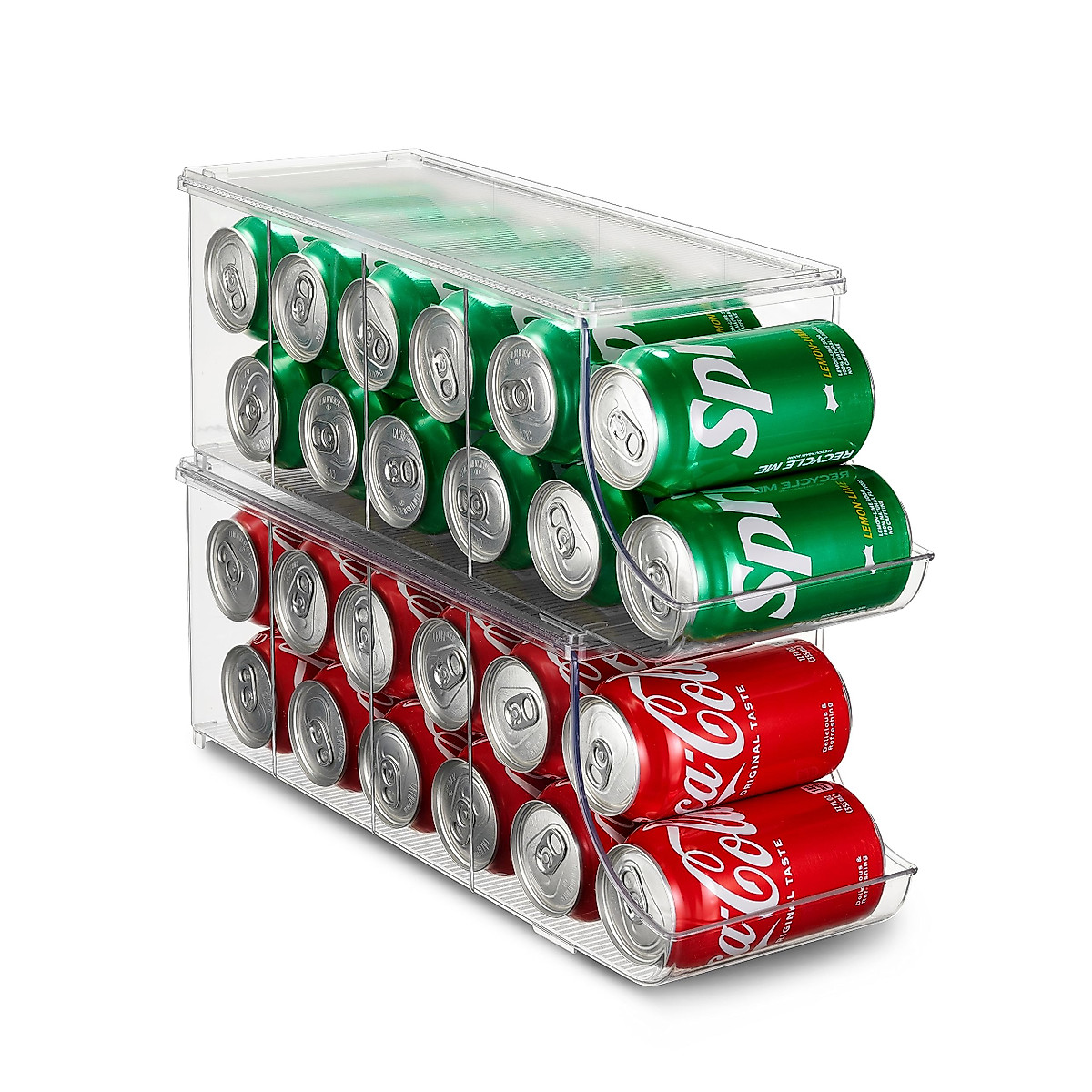 Set of 2 Stackable Refrigerator Organizer Bins Pop Soda Can Dispenser Beverage Holder for Fridge, Freezer, Kitchen, Countertops, Cabinets - Clear Plastic Canned Food Pantry Storage Rack Holds 12 Cans