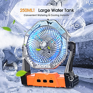 Ausic Camping Fan, Misting Fan Portable with Light & 250ml Water Tank, 10000mAh 8 Inch Battery Operated Rechargeable Fan, Cooling Fan with Hook, Outdoor Fans for Patios, Tents, Travel, Beach