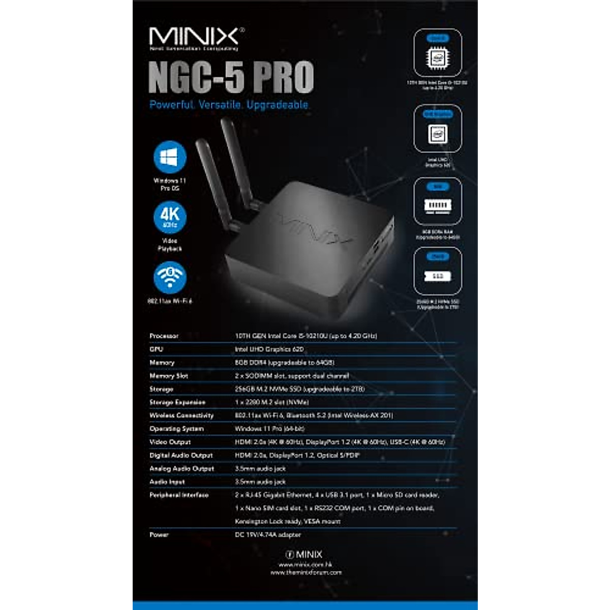MINIX NGC-5 Pro, Intel i5-10210U 8GB/256GB NVMe SSD Windows 11 Pro Mini PC, Triple 4K @ 60Hz Display/HDMI 2.0/ USB-C/DP/Wi-Fi6/ 2xGigabit Ethernet/4USB 3.1. Support 4G LTE, SSD (SATA), Auto Power On