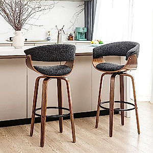glitzhome Bar Stools Set of 2, 28’’ Swivel Barstools with Curved Back, Bar Height Stools Bar Chairs with Backrest, Footrest, Solid Bentwood Frame, Black