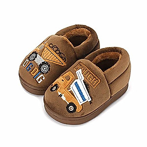 ESTAMICO Boys Girls Warm Slippers Cartoon Rocket Kids Winter Indoor Household Shoes, Brown 7-8 Toddler