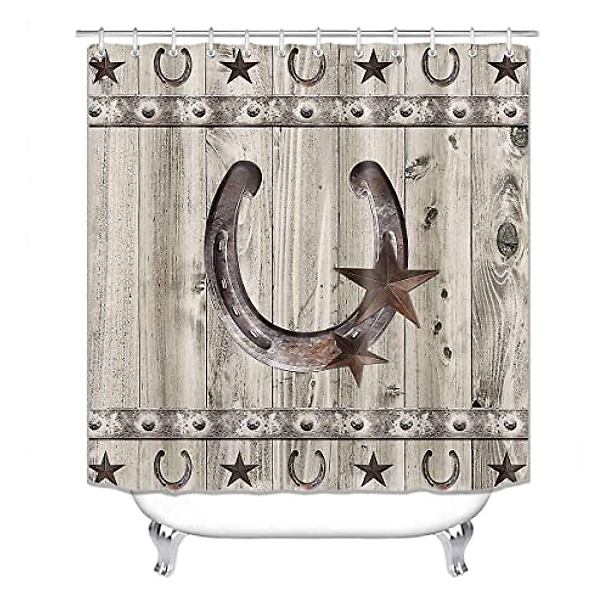 Camille&Andrew 4PCS Western Shower Curtain Set, Horseshoe Texas Star Barn Star Wooden Barn Door Country Rustic Farmhouse Bathroom Decor, Waterproof Fabric Shower Curtain, Non-Slip Bath Mat Toilet Rug