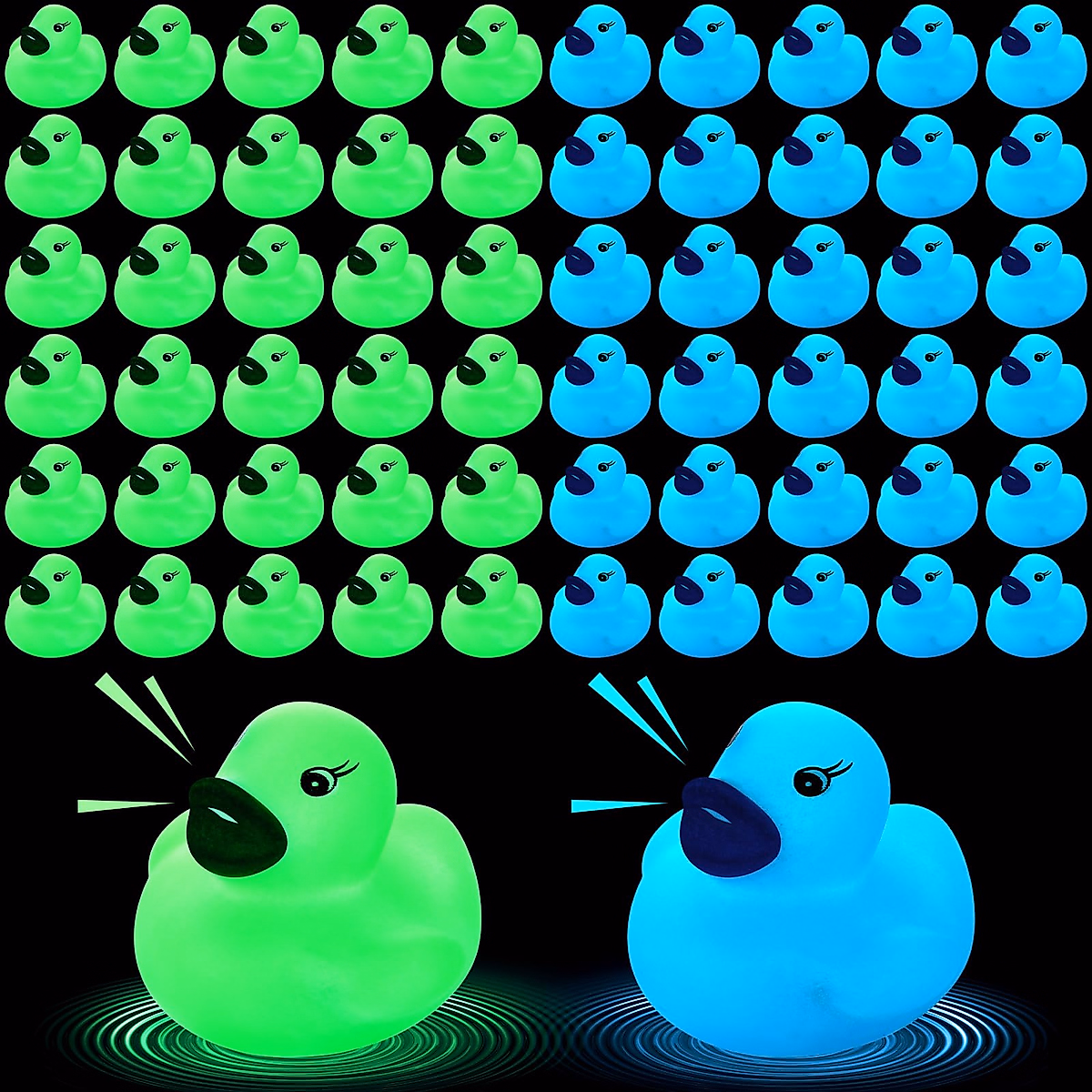 Hiboom 120 Pcs Glow in The Dark Rubber Ducks Squeaky Luminous Light up Rubber Ducks Fluorescent Floating Bath Mini Glow Toys Light up Duck for Boys Girls Adults Birthday Party Favors, Blue, Green