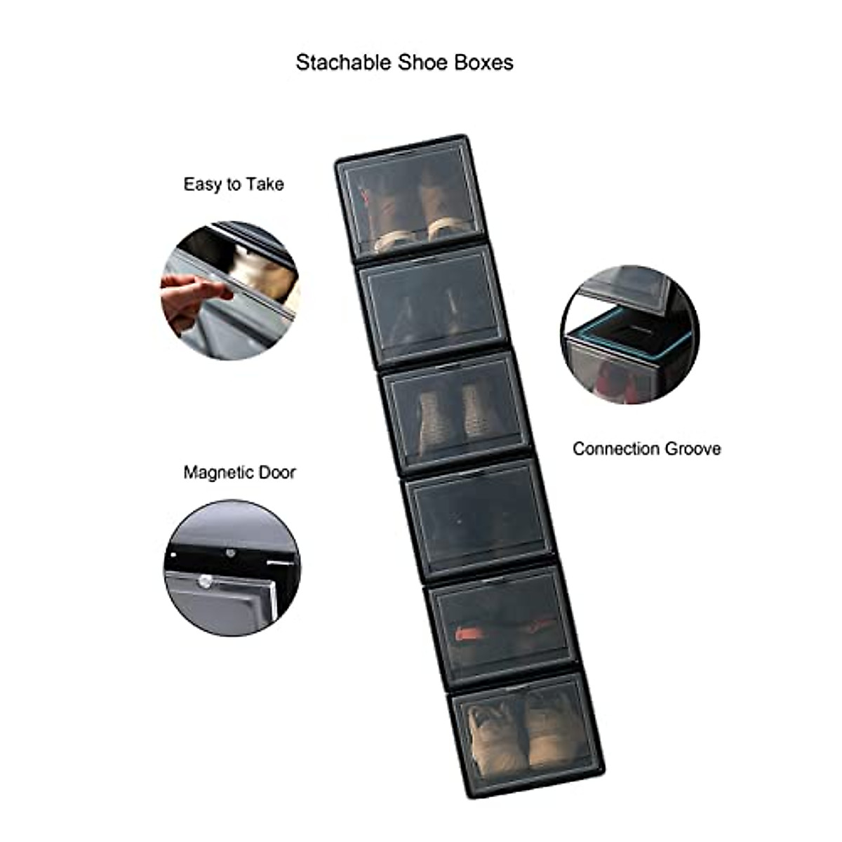 Naocca Shoe Storage Boxes Plastic Stackable 6 Pack Shoe Organizer for Closet, Space Saving Shoe Holder Sneaker Containers Bins for Entryway Drop Front Cubby, Fit up to Women's Size 12 White