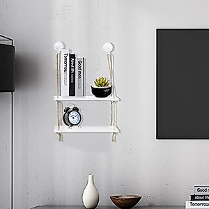 JUNNAN CAIHONG Hanging Shelves for Wall, 2 Tier Floating Shelves Wood Wall Shelves, Wall Mounted Rope Shelves for Storage and Display in Bedroom Living Room Bathroom Kitchen Office and More