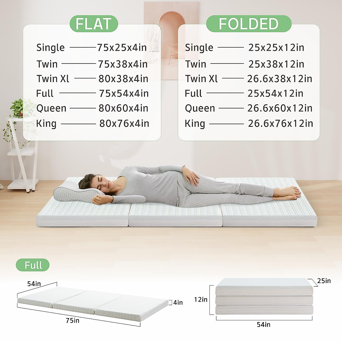 MUUEGM Folding Mattress, 6 Inch Tri-fold Memory Foam Mattress, Fordable Mattress with Removable Cover, Trifold Mattress Topper for Camping&Indoors,CertiPUR-US Certified,Full Size