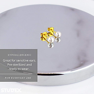 STUDEX Sensitive White Pearl Stud Earrings 4mm | Hypoallergenic and Nickel Safe for Sensitive Ears | Gold Plated Posts | High Fashion Earrings for Women and Men-PR-674-S