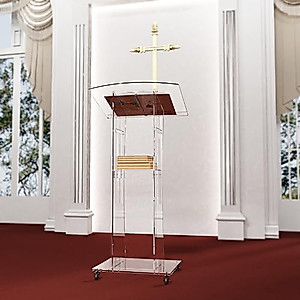 Acrtmatic Acrylic Clear Rolling Wheel Podium Stand, 47-inch Modern Lectern & Podium with Storage Shelf for Church, Speech，Classroom, Wedding, Concert. (23.6" L x 15.7" W x 47.2" H)