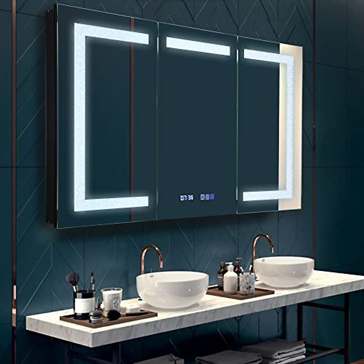 tunuo 48''W x 32''H Recessed or Surface Medicine Cabinets for Bathroom with Mirror, LED Medicine Cabinet Organizer with Crystal Sand Lighting Belts, Defogger, Dimmer, Clock, Outlets & USB, Black