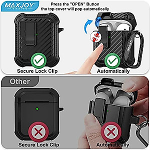 Maxjoy for AirPods Case Cover, Airpods 2 Protective Case with Automatic Secure Lock Gen 2 Military Hard Shockproof Cover with Keychain Compatible with Apple Airpods 2nd Airpods 1st Generation, Black