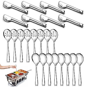 24 Pack Stainless Steel Large Serving Utensils Set - 10" Serving Spoons x 8, 10" Slotted Spoons x 8, and 9" Serving Tongs x 8 by Teivio, for Buffet, Chafing Dish, Catering Supplies (Silver)