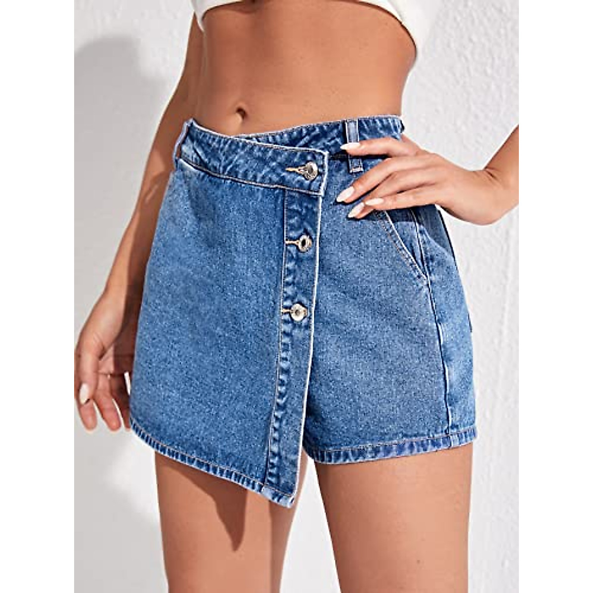 WDIRARA Women's High Waisted Button Front Denim Skort Asymmetrical Hem Wrap Jean Skirt Shorts Medium Wash M