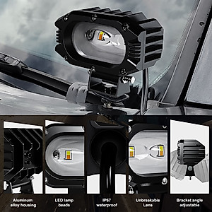 ASLONG 2PCS 4Inch LED Flood Single Row White/Amber Flasing Strobe Pods Work Lights Off Road Driving Fog Lights with Switch Wiring Harness for Truck, 4x4, SUV, ATV