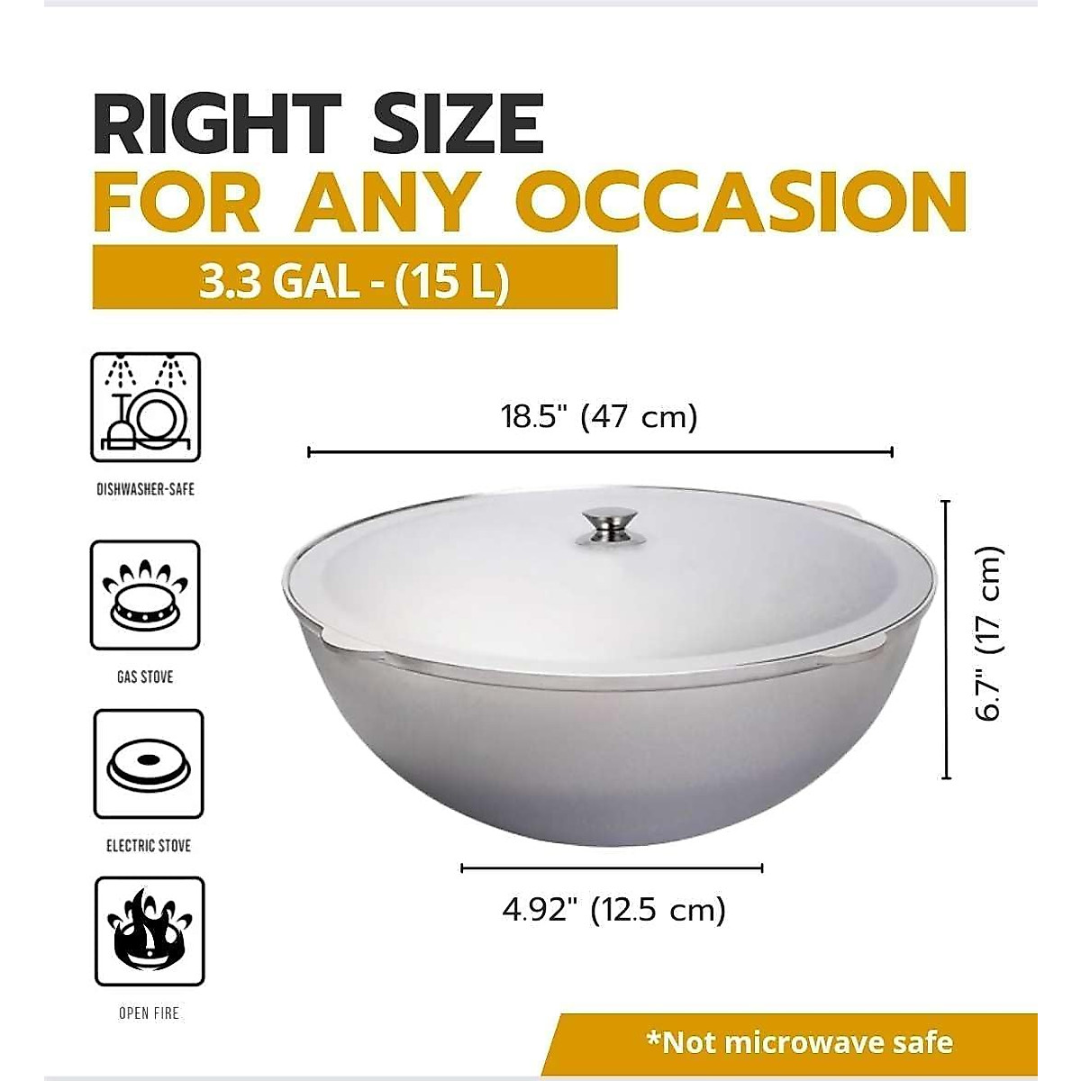 Cast Aluminum Asian Cauldron (Kazan) with Lid, Aluminum Kazan, Dutch Oven Pot, Camping Cookware Kitchen Pot, Oven Safe Aluminum Caldero, Gray (15 L)