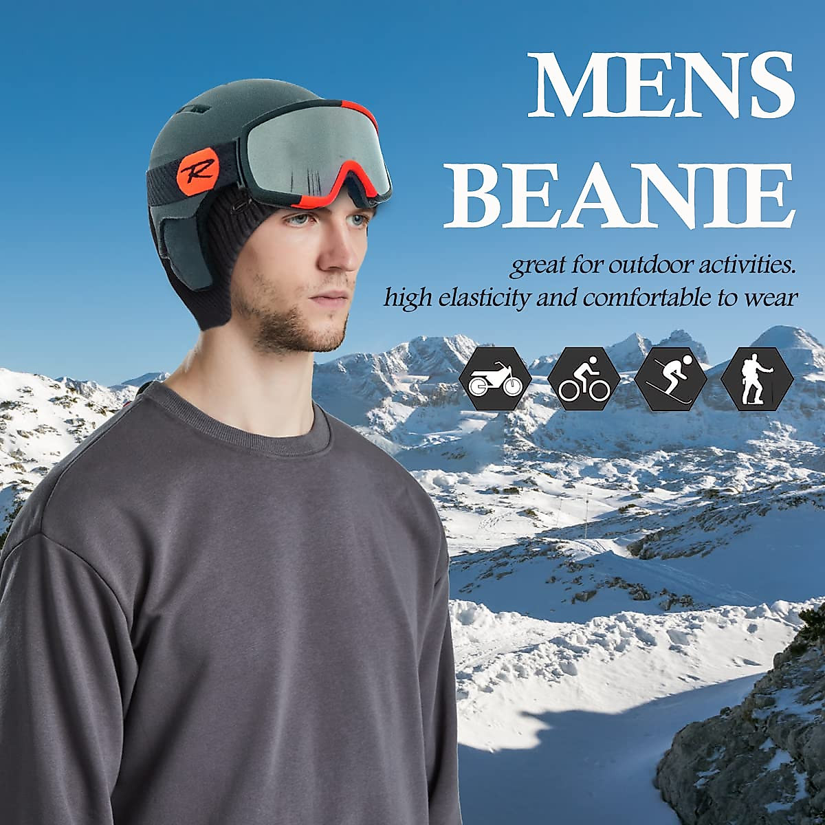 Winter Beanie Hats for Men Outdoor Stretchy Knit Ski Caps with Earflap Windproof (1, Black)