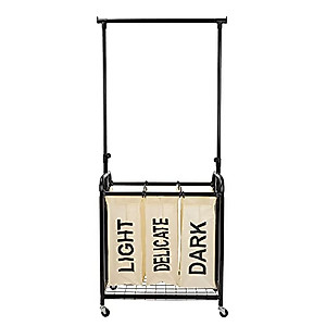 Oceanstar 3-Bag Rolling Laundry Sorter with Adjustable Hanging Bar, White