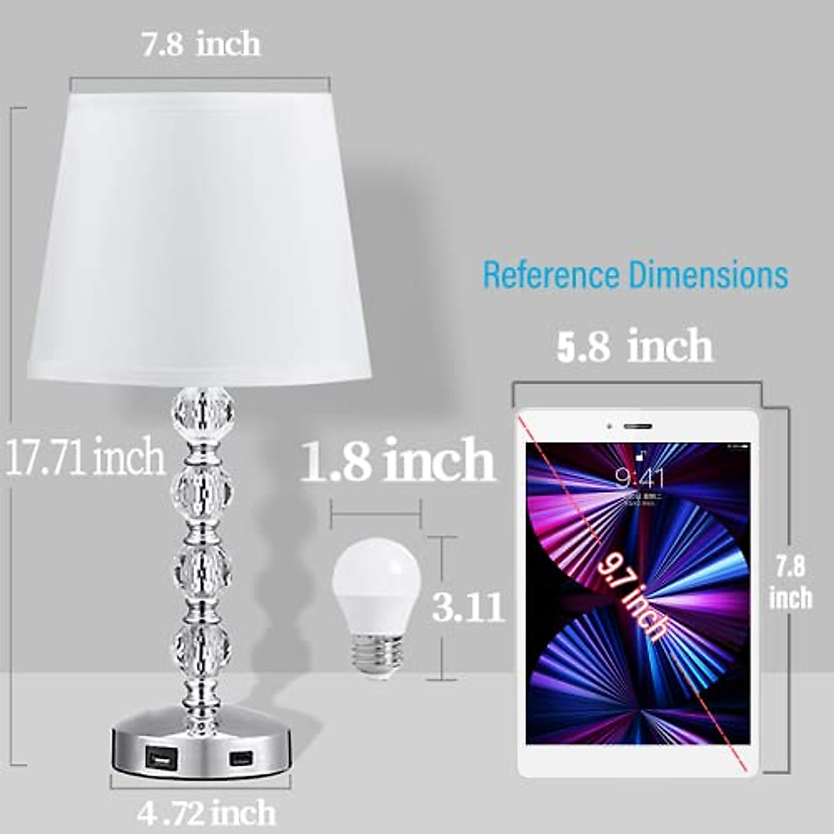 Unfusne Touch Control Lamps for Bedrooms Set of 3, 3-Way Dimmable Nightstand Lamps, 2 * Small Bedside Wireless Charging Lamp, 1* Crystal Lamp with USB Port