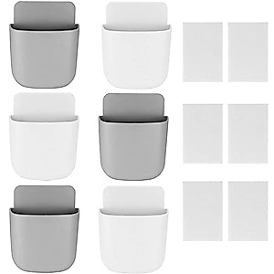 TOOINKCV 6 Pcs Remote Control Holder Wall Mounted, Self-Adhesive Wall Mount Phone Pen Pencil Makeup Brushes Glasses Holder Storage Box Organizer for Wall Beside Table (3 White+ 3 Grey)