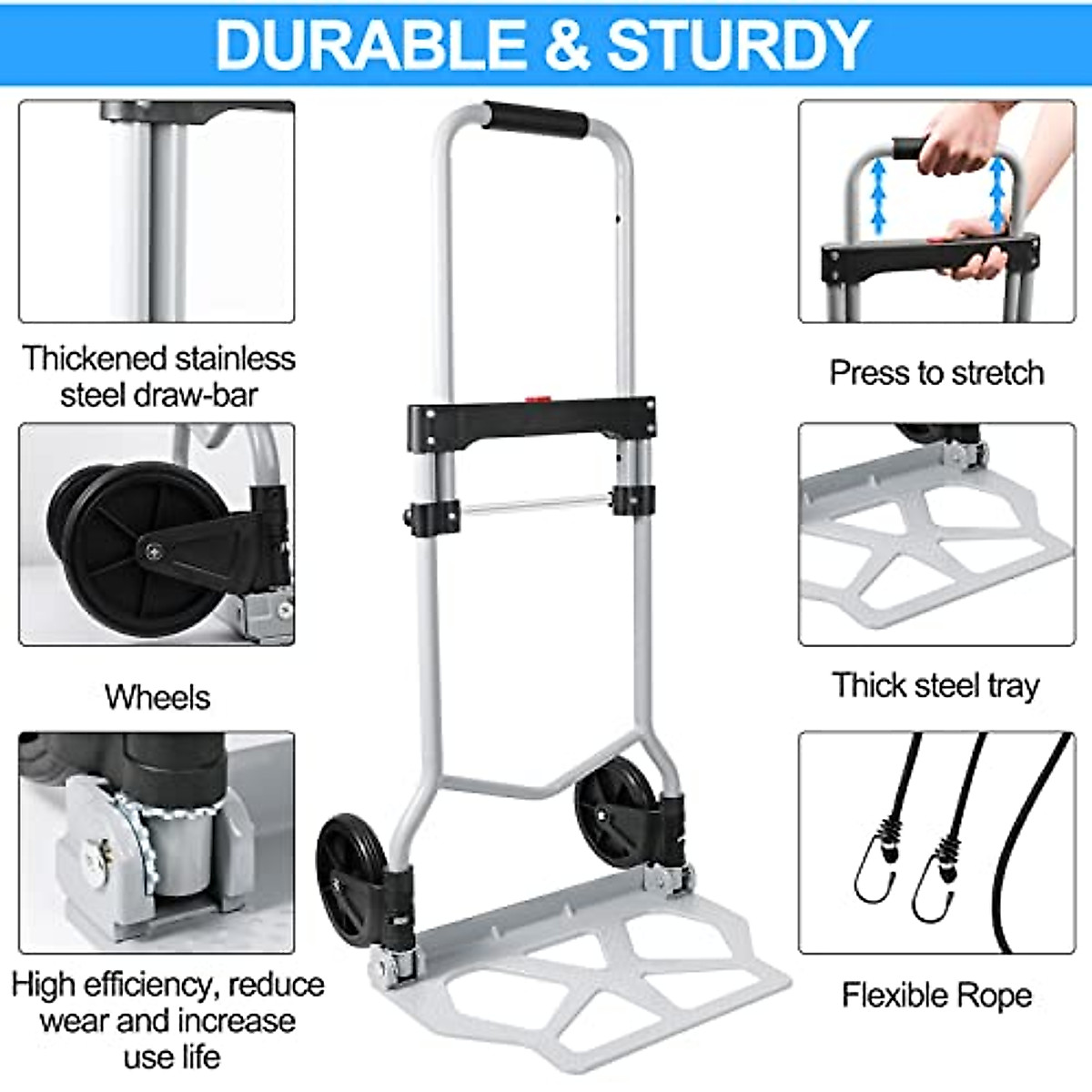 Dolly Cart 230 lbs Folding Hand Truck with 2 Elastic Ropes Portable Steel Folding Cart,Telescoping Handle,Handing Truck for Luggage, Moving, Travel, Shopping, Office Use, 2 Wheels