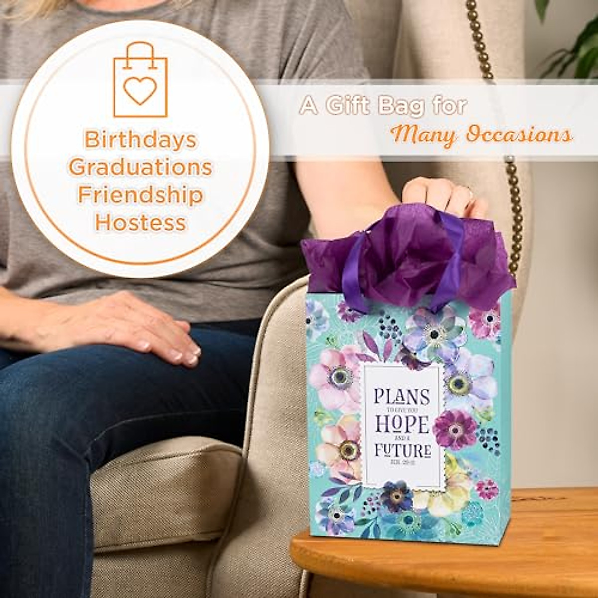 Christian Art Gifts Gift Bag/Tissue Paper Set Hope & A Future Jeremiah 29:11 Bible Verse, Purple/Teal, Medium