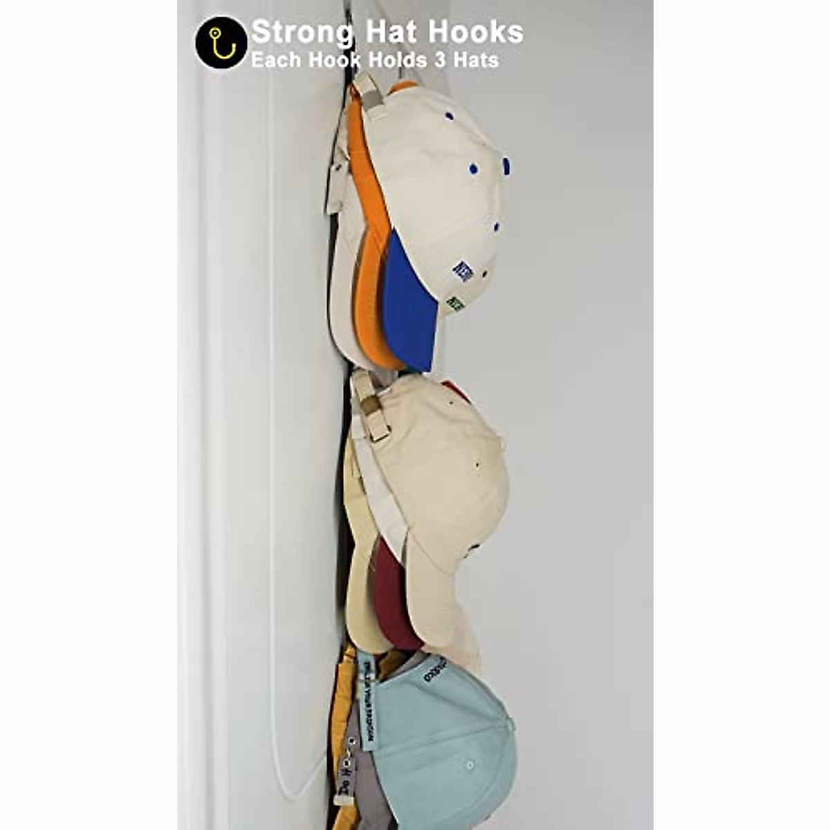Hat Rack for Baseball Caps and Organizer Holder [ up to 36 Caps ] Display over the Door or on the Wall Hanger with 2 Durable Straps and 12 Adjustable Upgraded Strong Hooks, Black