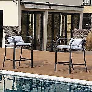 Olmia Outdoor Bar Stools Set 0f 2, 2 PC Wicker Bar Stools Rattan Patio Bar Stools with Gray Cushions and Pillows, Brown Outside Bar Rattan Counter Stools with Foot-Rest - Steel Frame