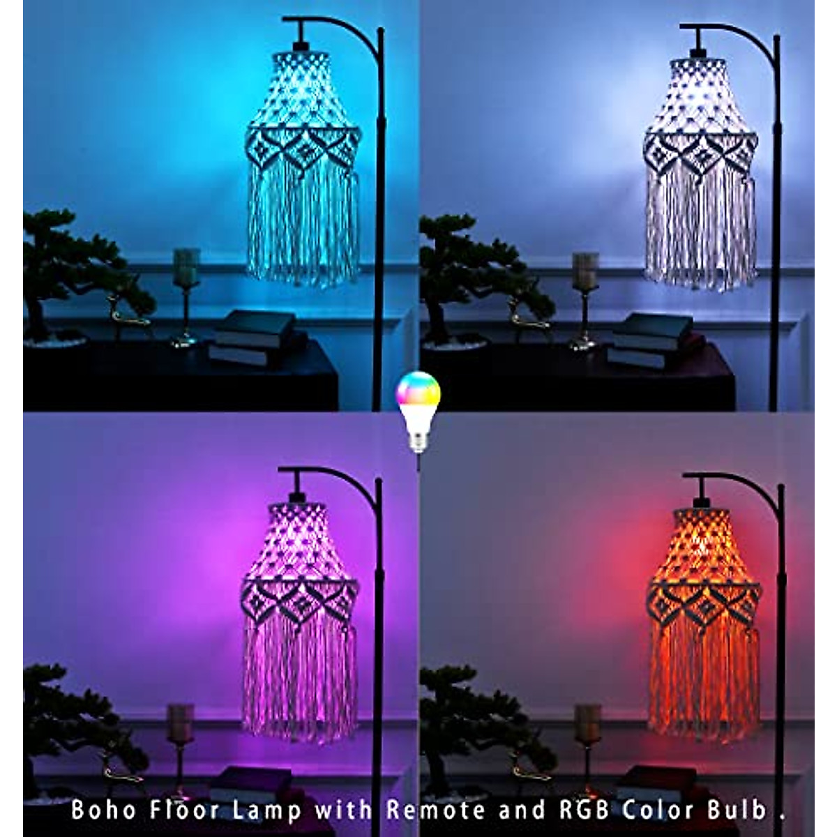 QIYIZM Boho Floor Lamp for Living Room Bedroom,Bohemian Standing Lamp with Control and Dimmable RGB Bulb,Farmhouse Adjustable Floor Light,Macrame Fringe Lamp Shades,Modern Arc Tall Lamp（Colorful Bulb）
