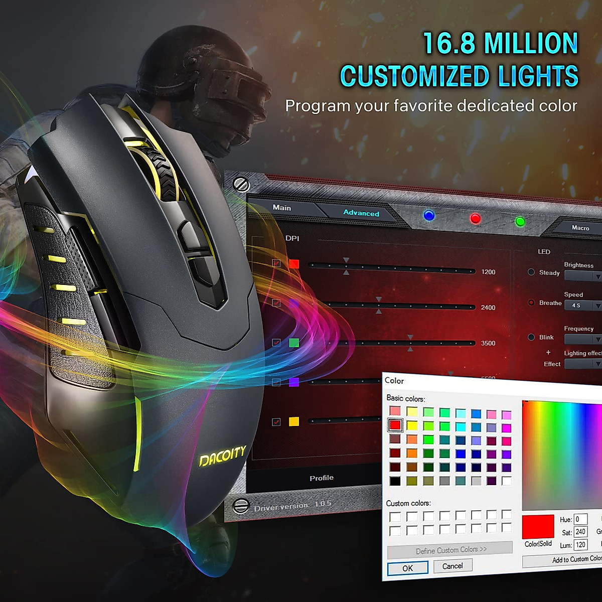 Dacoity Wired Gaming Mouse, PC Gaming Mice Gamer Mouse [RGB LED][7200 DPI][7 Programmable Buttons][Plug Play] USB Ergonomic Mouse for Windows Mac Laptop PC Gamers - Black