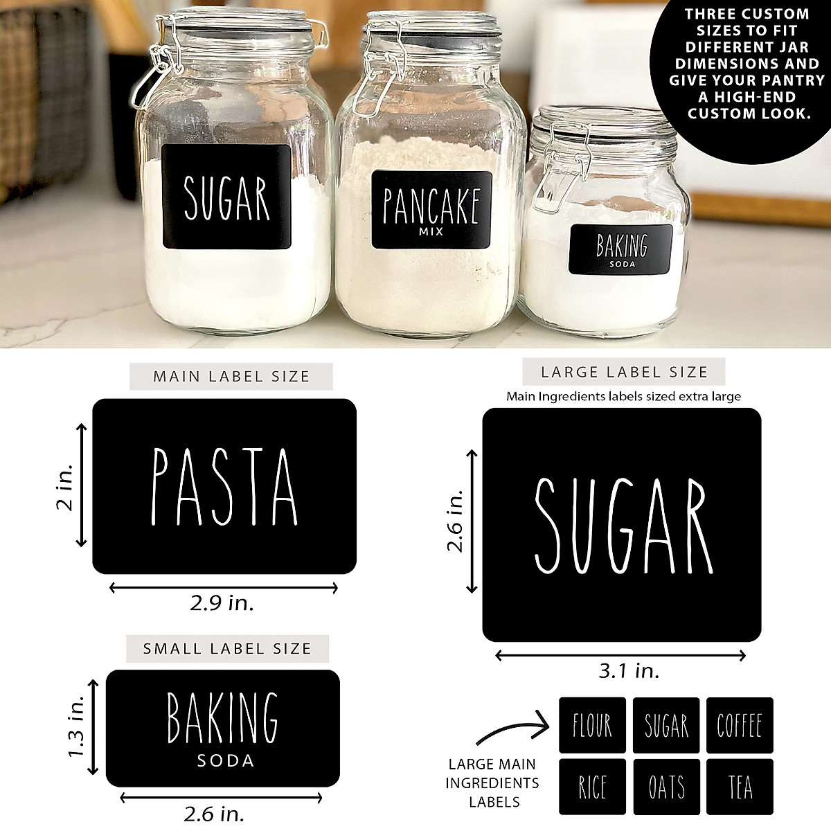 QUART + PINT 134 Kitchen Pantry Labels for Containers. Preprinted Retro Handwritten Style. Black Matte Sticker White Text. Waterproof Stickers. Organization Labels for Jars Canisters & Storage Bins.