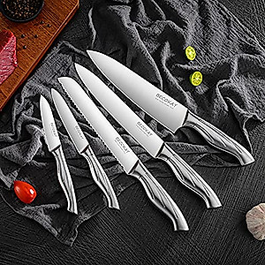 Premium Chef Knife Sets,14-Piece Kitchen Knives with Acrylic Stand, Full Tang Designed, High Carbon Stainless Steel Cutlery With Knife Sharpener & 6 Steak Knives, Ergonomic Handle & Gifted Box(Silver)