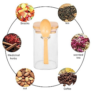 SAIOOL Glass Jars Set of 3 * 15 OZ-Food Storage Containers Clear Kitchen Canister with Bamboo Spoon Airtight For Serving Candy,Coffee Tea, Flour, Sugar, Cookie, Cereal(Square