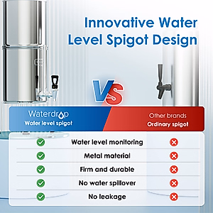 Waterdrop Gravity-fed Water Filter System with 8 Filters, Metal Water Level Spigot and Stand, 2.25G Stainless-Steel System, Reduces Chlorine-King Tank Series