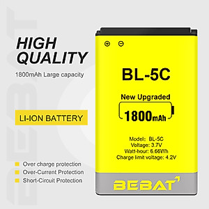 BEBAT (2 Pcs) BL-5C Battery, 3.7V 1800mAh Rechargeable BL-5C Battery Suitable for Household Radio, Nokia with Current Protection