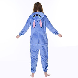 Canday Stitch Jumpsuits Cartoon Unisex Pajamas Onesies Adult Soft Cosplay Halloween Sleepwear Teens Costume (Blue, Medium)