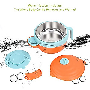 Baby Suction Bowls, Stay Put Suction Bowl with Lid Toddler Feeding Set Safe Dishwasher Detachable Stainless Steel Interior Weaning Insulation Bowl(Orange)