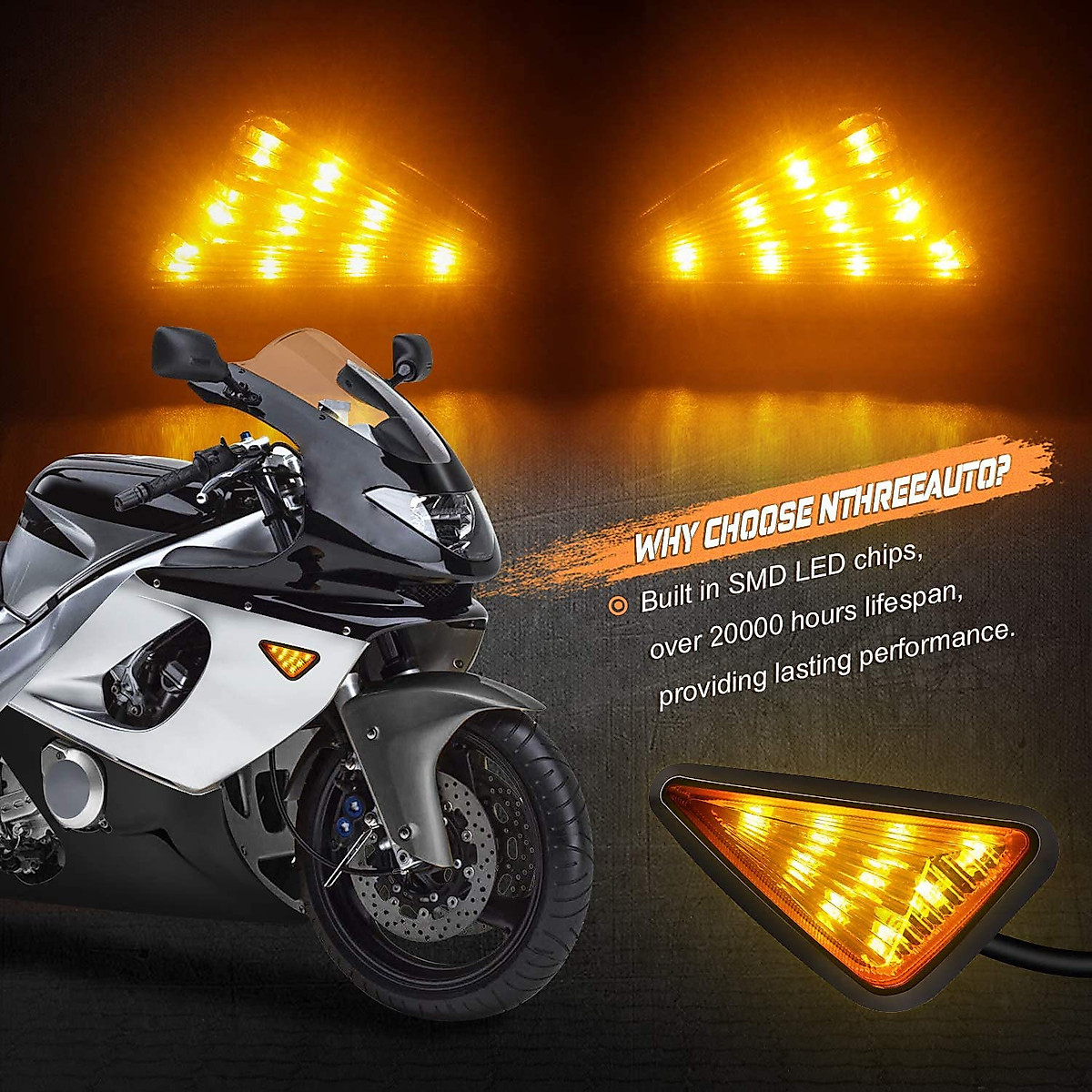 NTHREEAUTO Flush Mount Smoked LED Turn Signal Light, 12V Motorcycle Amber Indicators Compatible with Honda CBR, Yamaha YZF, Kawasaki, Suzuki GSXR