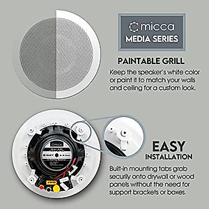 Micca M-6C 6.5 Inch 2-Way in-Ceiling Round Speaker for Whole House Audio, Home Theater, Indoor or Covered Outdoor Areas, 6.5" Woofer, 1" Silk Tweeter, 7.6" Cutout Diameter White, Paintable, Each