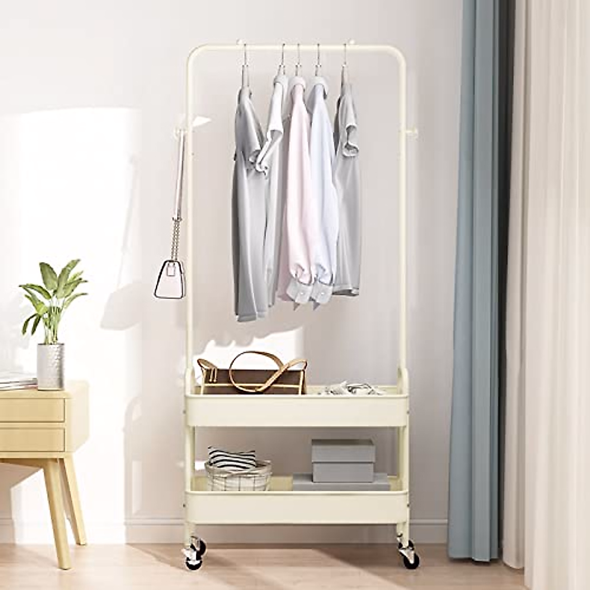 ZBYL Clothing Rolling Wardrobe Garment Rack with Wheels, Metal Clothes Closet Rack with Bottom Shelf, Portable Organizer Standard Rod with Hooks for Hanging Clothes, 68×160cm