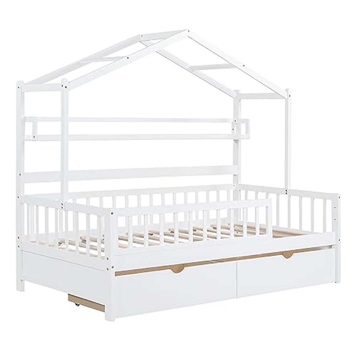 CKLMMC Full Size House Bed with 2 Drawers and 2 Shelves,Wooden Daybed Frame with Roof,Bedroom Furniture for Kids, Teens, Girls & Boys, Can Be Decorated (White/House-F)