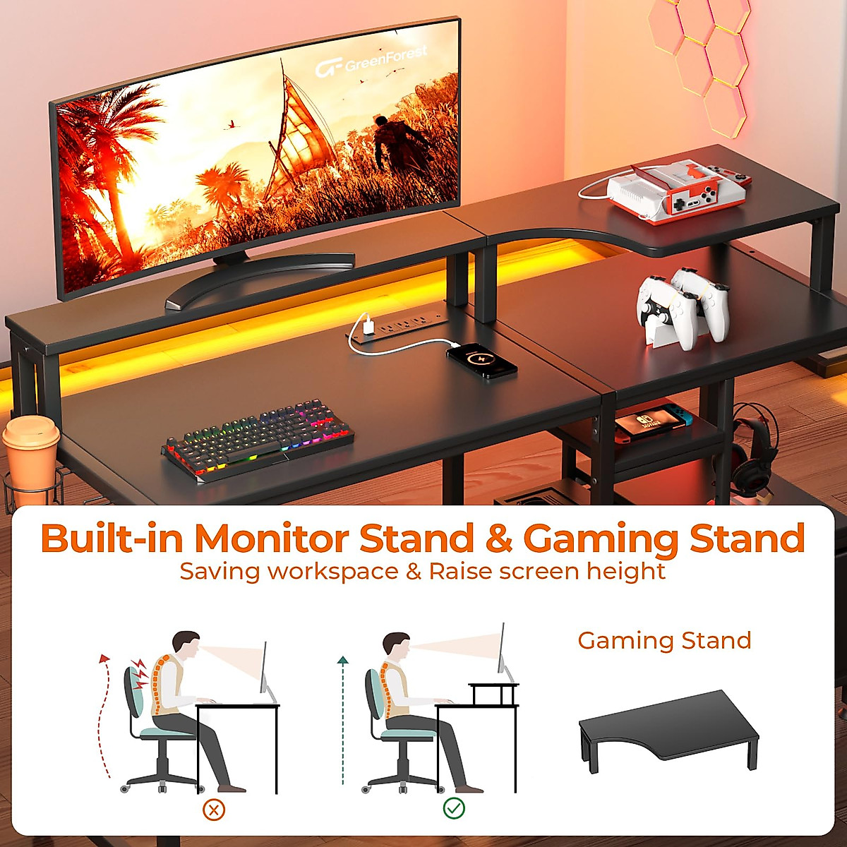 GreenForest 55 inch Computer Desk with Drawers and Outlets, Home Office Desk with Storage and Printer Shelf, Work Desk with Fabric File Drawer, Study Desk with Monitor Stand, Computer Table, Black