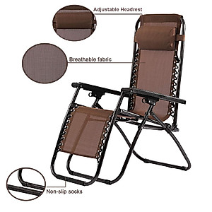 FDW Zero Gravity Chairs Set of 2 Lounge Patio Chairs Outdoor Yard Beach (Brown)