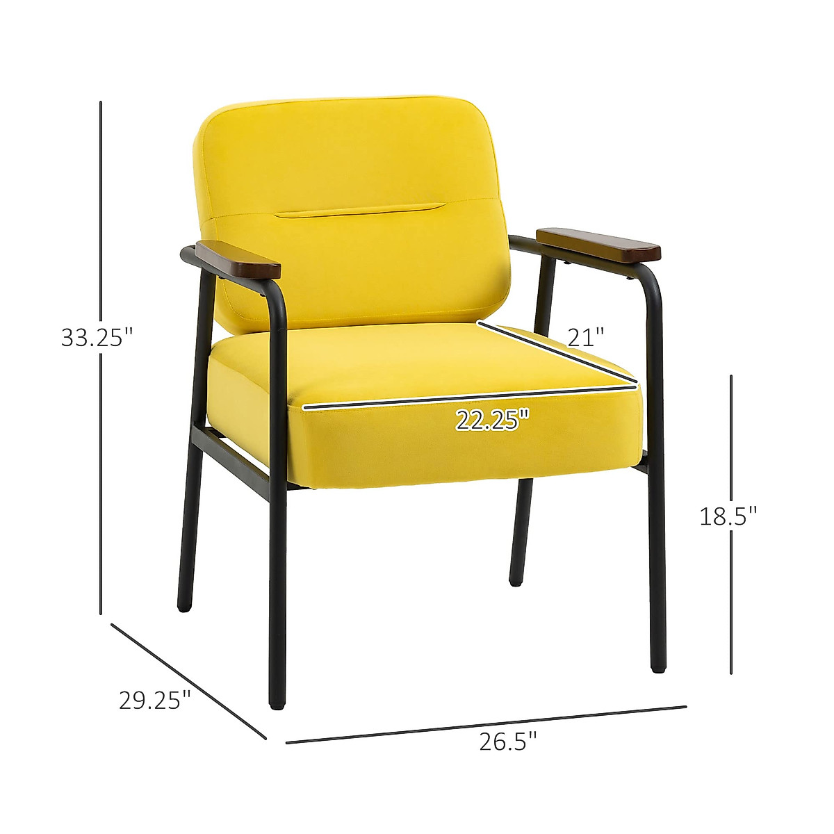 HOMCOM Modern Accent Chair with Cushioned Seat and Back, Upholstered Velvet Armchair for Bedroom, Living Room Chair with Arms and Steel Legs, Yellow