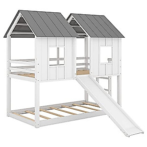 Polibi Twin-Over-Twin Wooden House Bunk Bed with Slide, Windows, Ladder and Guardrails, Twin Size White House Bunk Bed