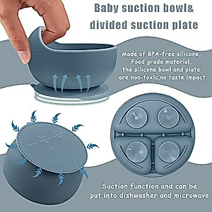 TQONEP Silicone Baby Feeding Set,Baby Led Weaning Supplies Suction Divided Plates Adjustable Silicone Toddler Soft Bowl Spoons Forks Silicone Toddler Cup BPA Free（Blue & Gray 12 PACK）