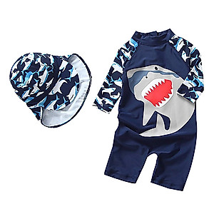 Baby Toddler Boys Girls One Piece Swimsuit Set Swimwear Shark Bathing Suit Rash Guards Sunsuit with Hat UPF 50+ (Shark, 3-6 Months)