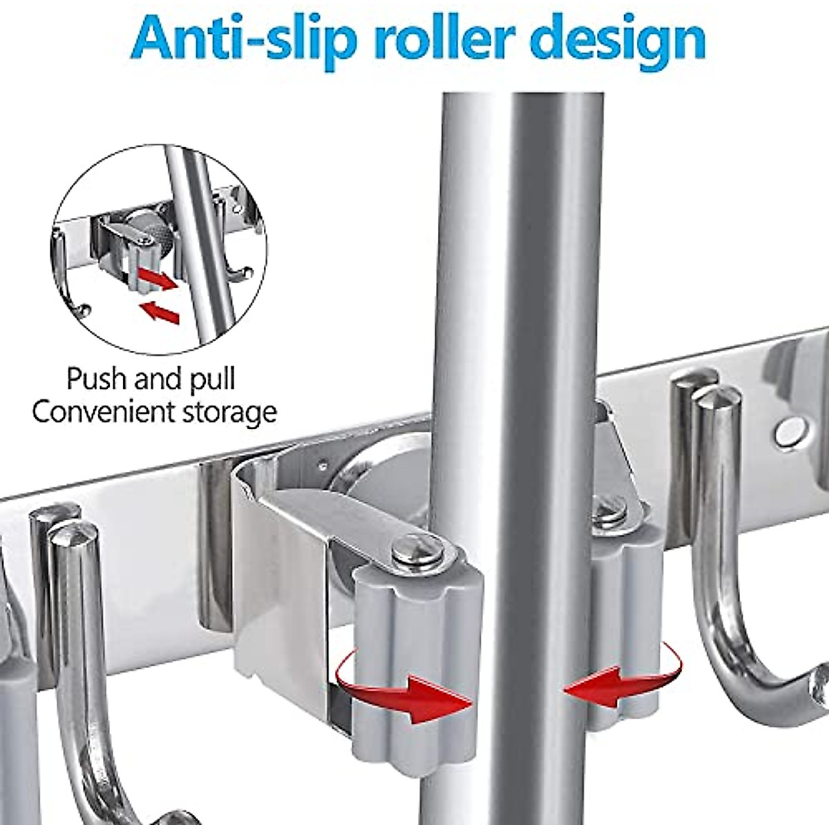 Broom Mop Holder, Wall Mounted Heavy Duty Stainless Steel Storage Rack Organization Tools, Kitchen Garden Garage Or Bathroom Organization and Storage (4 Clip 5 Hook)