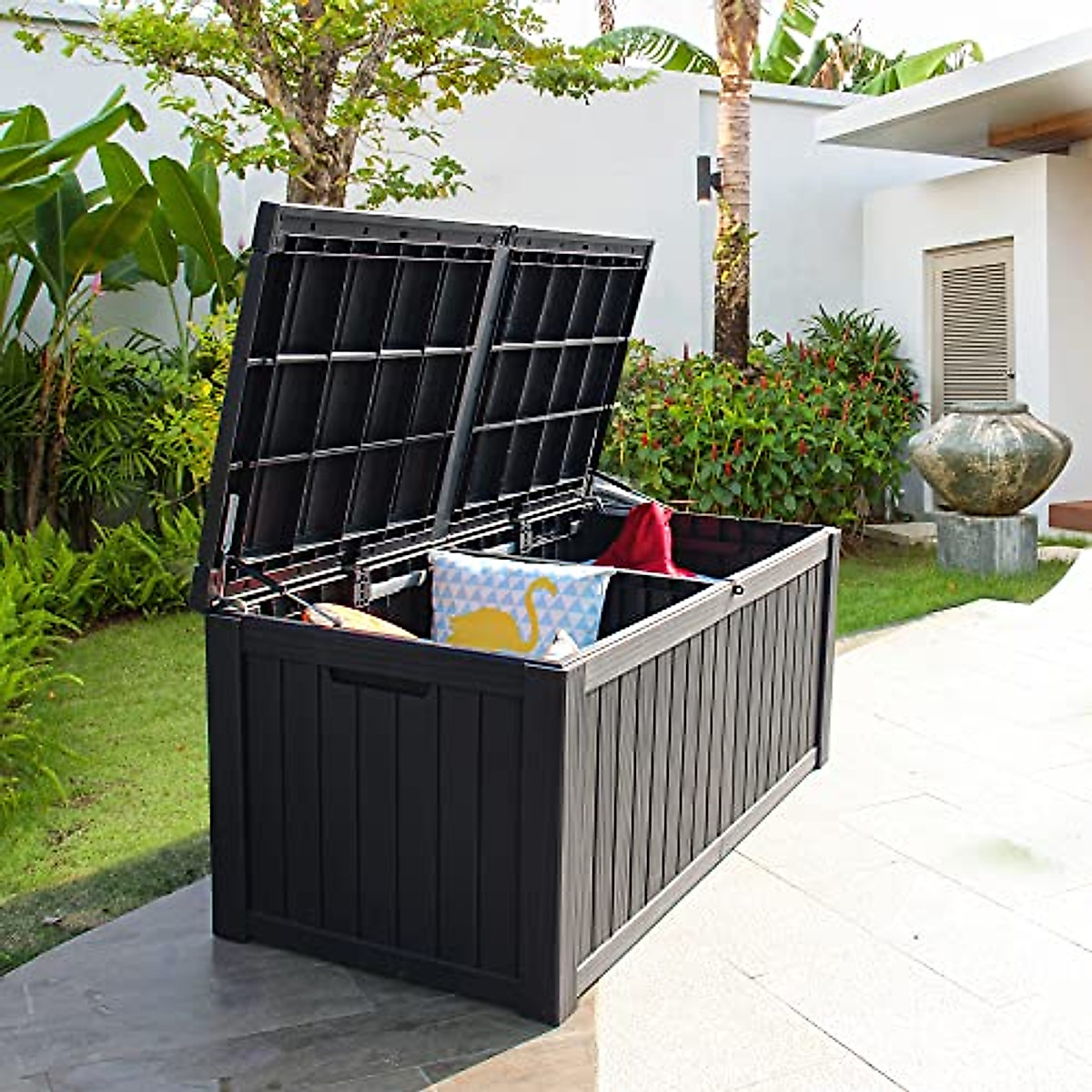 YITAHOME 150 Gallon Large Outdoor Storage XL Deck Box w/Divider for Patio Furniture,Outdoor Cushions, Garden Tools, Sports Equipment and Pool Supplies, Waterproof, Resin, Lockable, Black